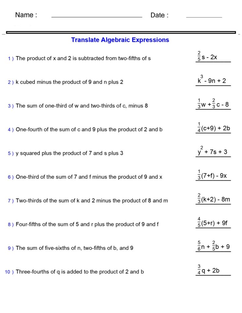 Algebraic Expressions -Translate Phrases Worksheets - Hard (Two and ...