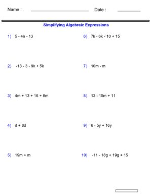 Algebraic Expressions Worksheets Simplifying Variables Worksheets 2 -3 ...