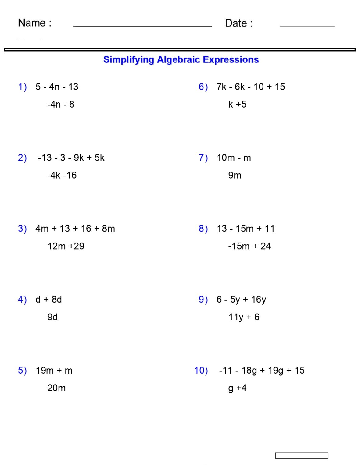 Algebraic Expressions Worksheets Simplifying Variables Worksheets 2 -3 ...