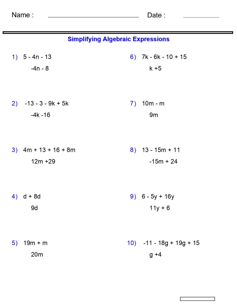 Algebraic Expressions Worksheets Simplifying Variables Worksheets 2 -3 ...