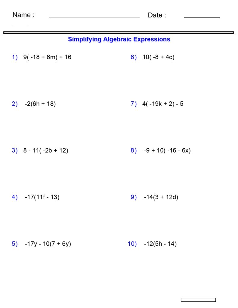 Algebraic Expressions Worksheets Simplifying Variables Worksheets 3