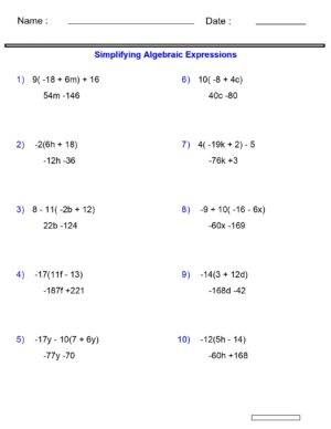 Algebraic Expressions Worksheets Simplifying Variables Worksheets 3 ...