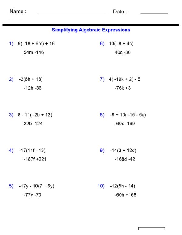 Algebraic Expressions Worksheets Simplifying Variables Worksheets 3