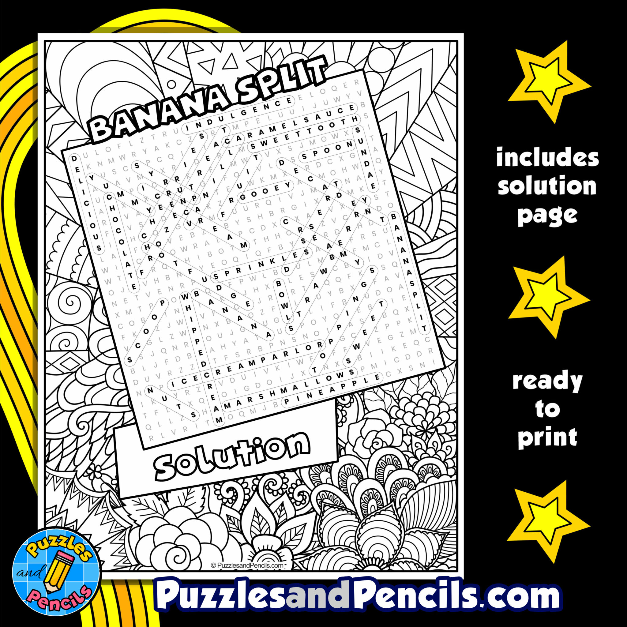 Banana Split Word Search Puzzle with Coloring | Wordsearch | Made By ...