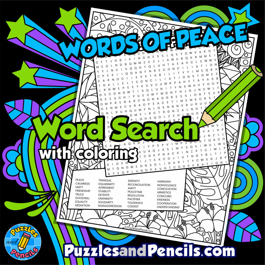 Words of Peace Word Search Puzzle with Coloring | Peace Wordsearch ...