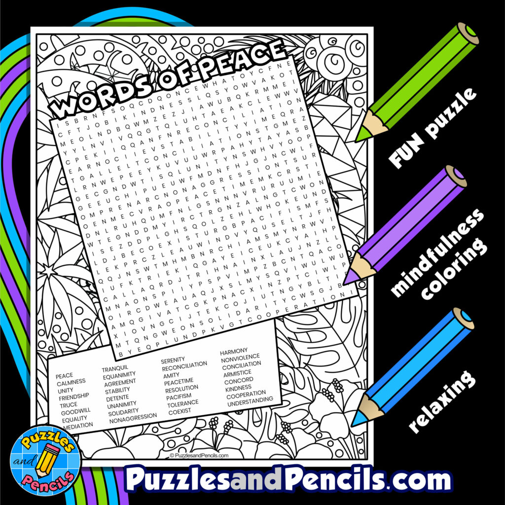Words of Peace Word Search Puzzle with Coloring | Peace Wordsearch ...