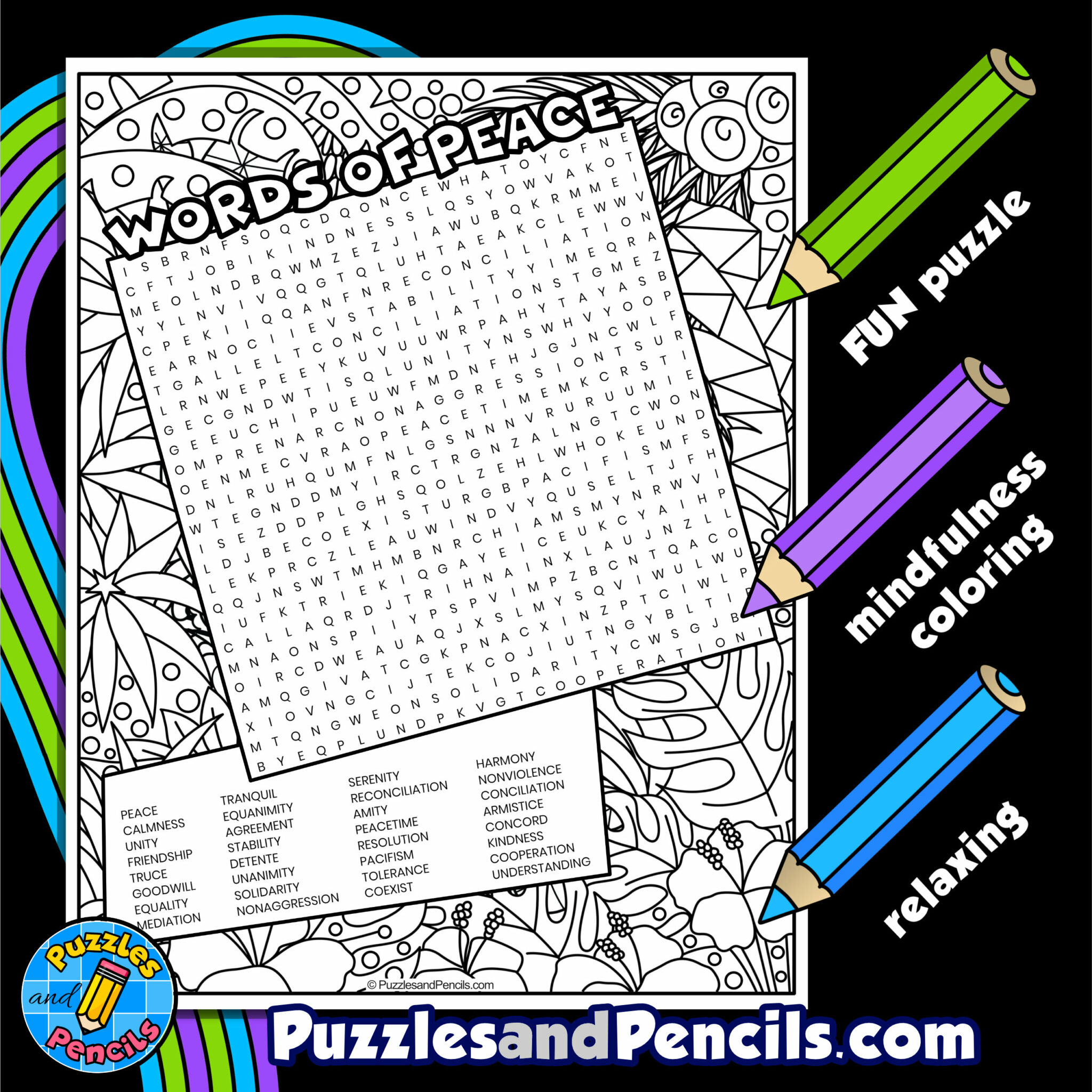 Words of Peace Word Search Puzzle with Coloring | Peace Wordsearch ...