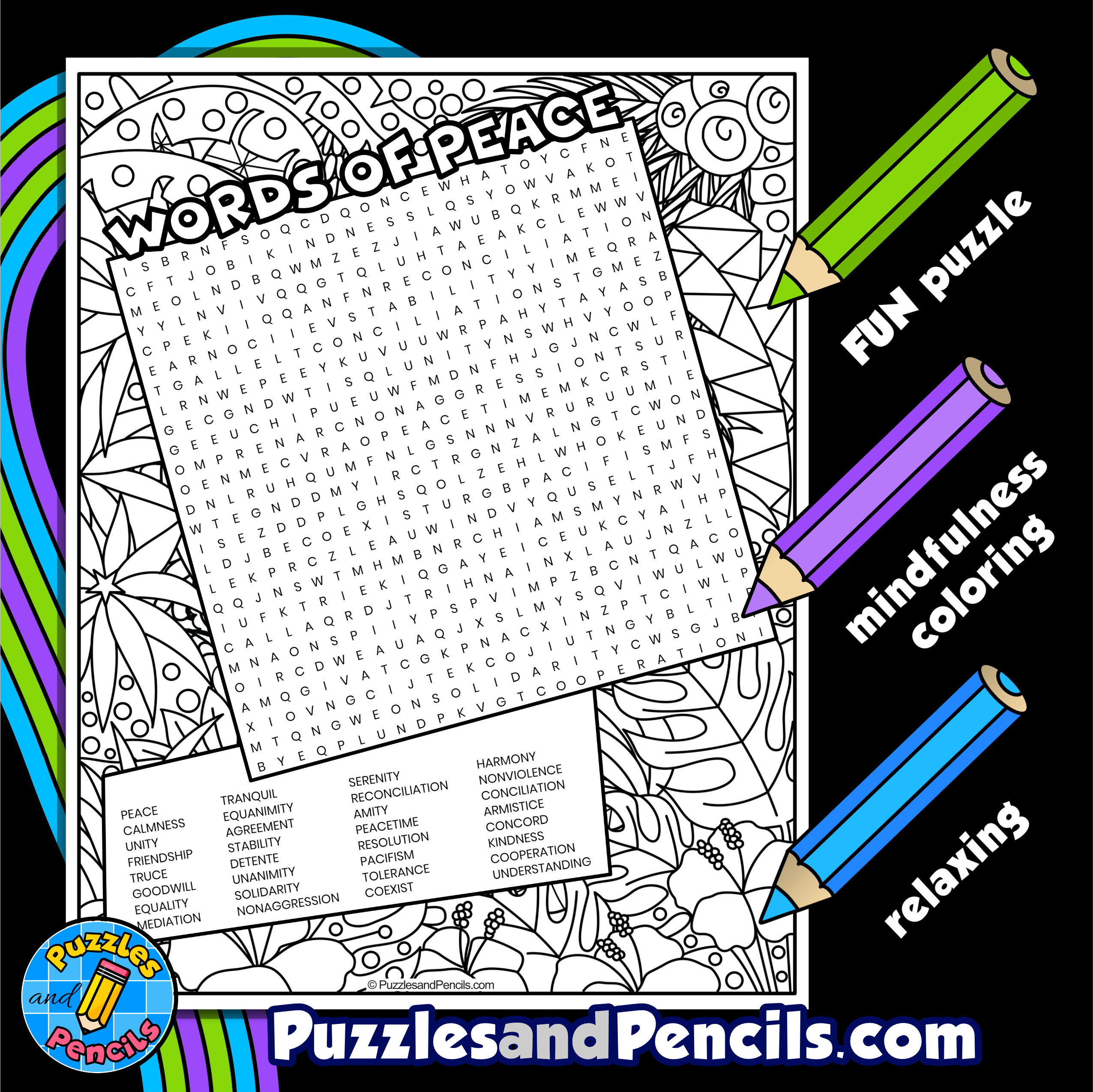 Words of Peace Word Search Puzzle with Coloring | Peace Wordsearch ...