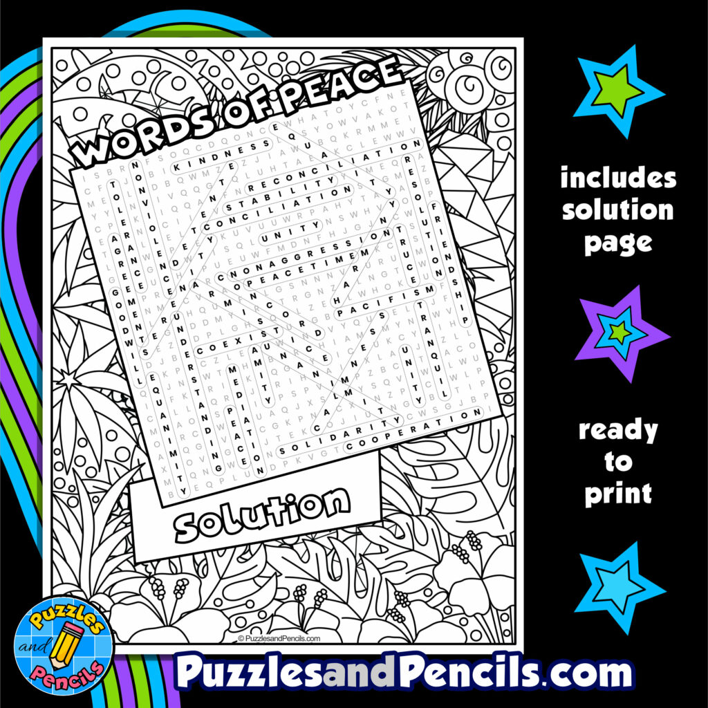 Words of Peace Word Search Puzzle with Coloring | Peace Wordsearch ...