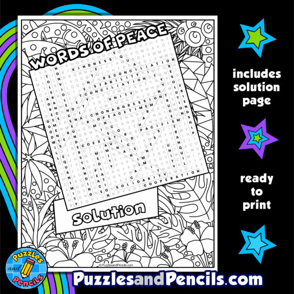 Words of Peace Word Search Puzzle with Coloring | Peace Wordsearch ...
