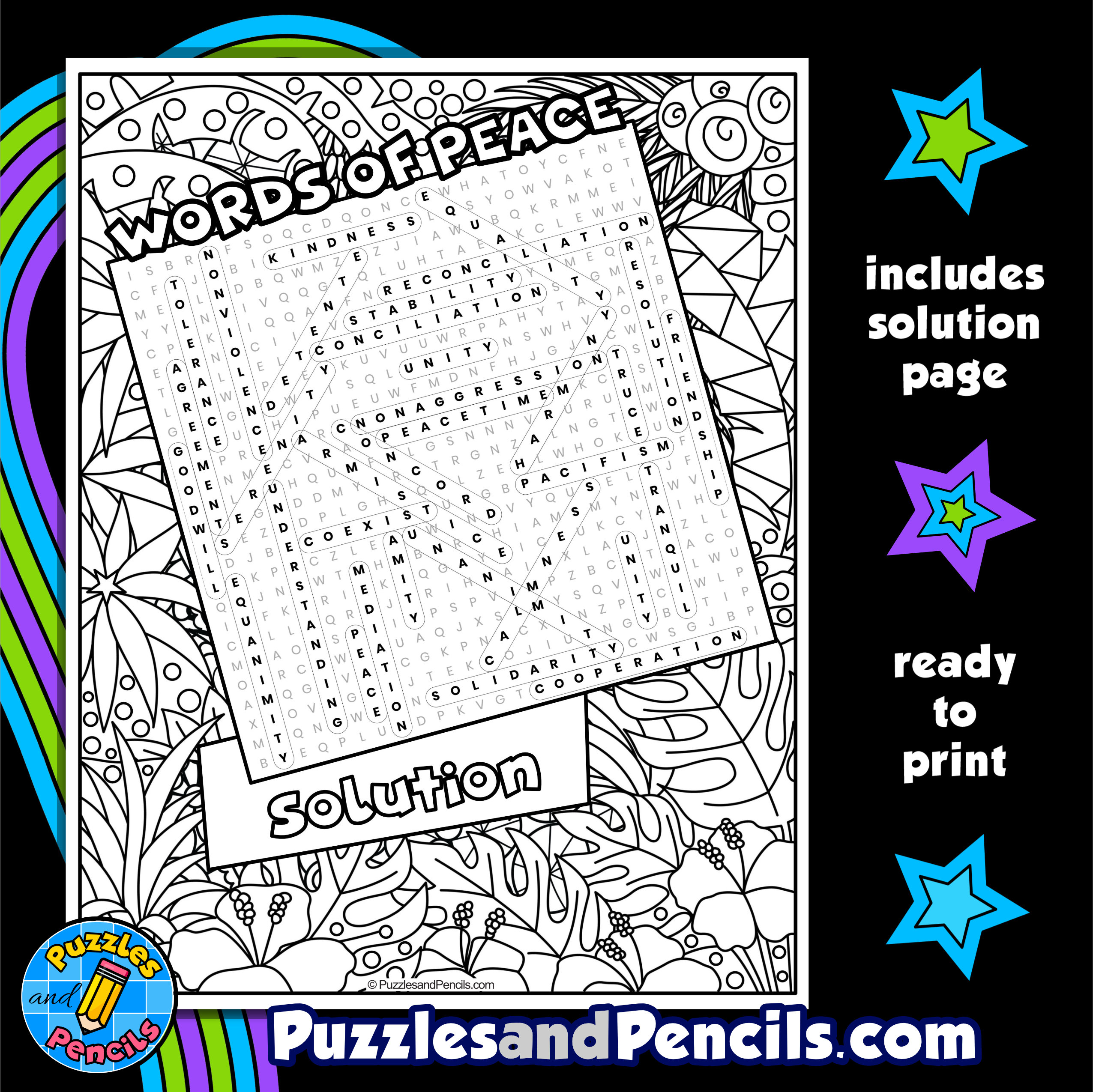 Words of Peace Word Search Puzzle with Coloring | Peace Wordsearch ...