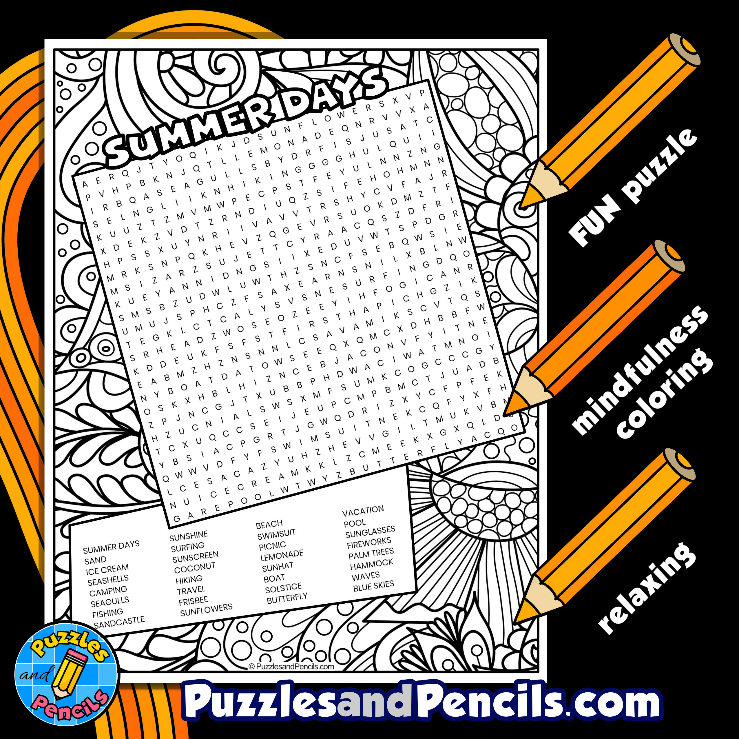 Summer Days Word Search Puzzle with Coloring | Summer Wordsearch | Made ...