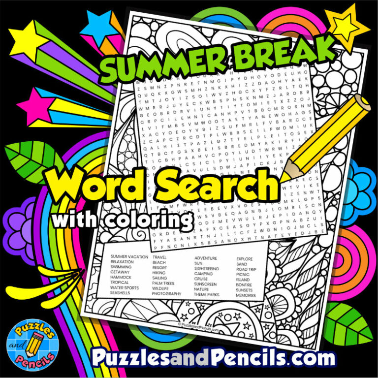 Summer Break Word Search Puzzle with Coloring | Summer Wordsearch ...