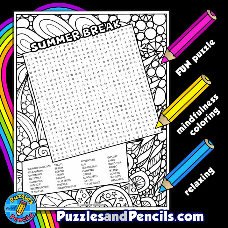 Summer Break Word Search Puzzle with Coloring | Summer Wordsearch ...