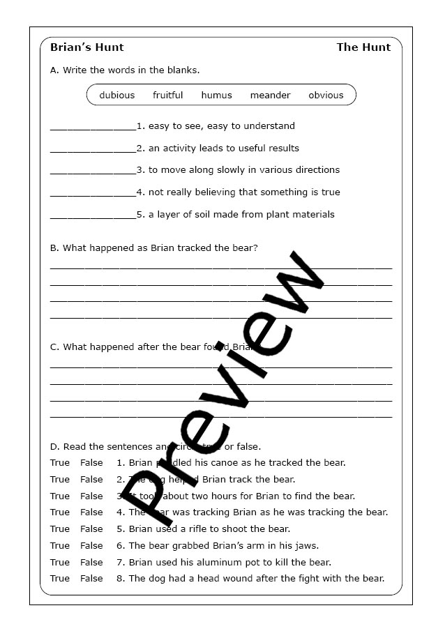 Gary Paulsen "Brian's Hunt" worksheets | Made By Teachers