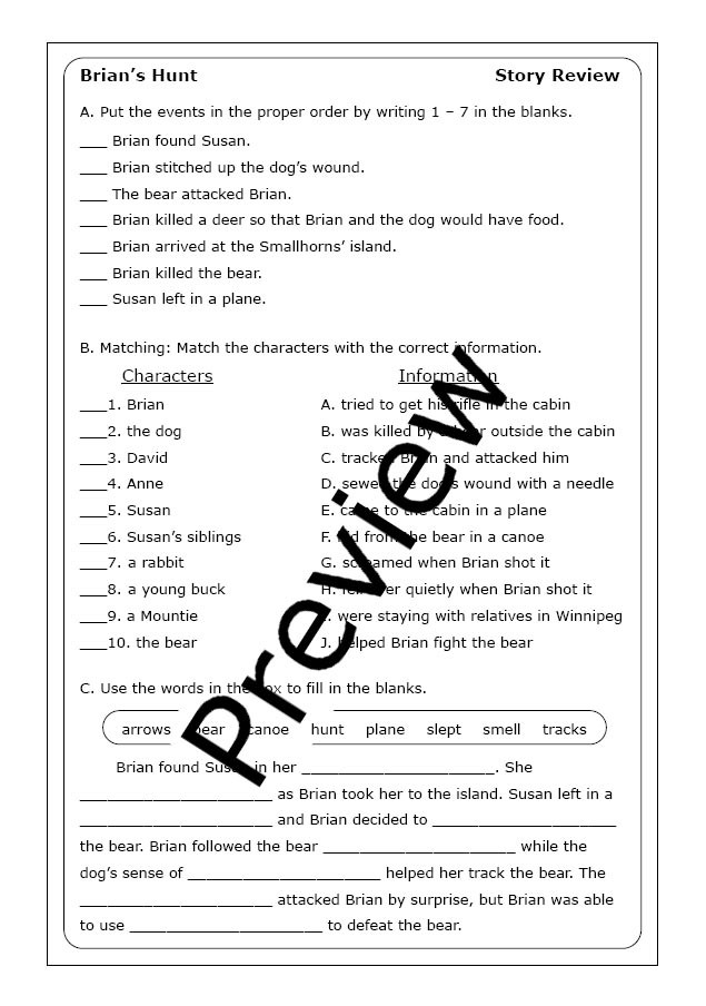 Gary Paulsen "Brian's Hunt" worksheets | Made By Teachers
