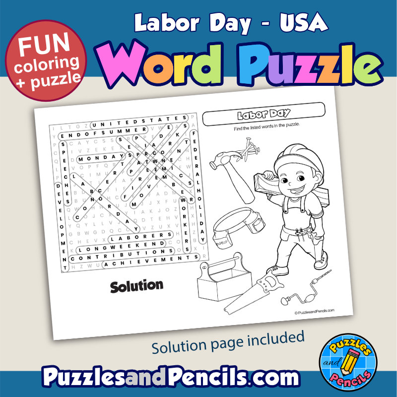 Labor Day Word Search Puzzle Activity and Coloring | Wordsearch | Made ...