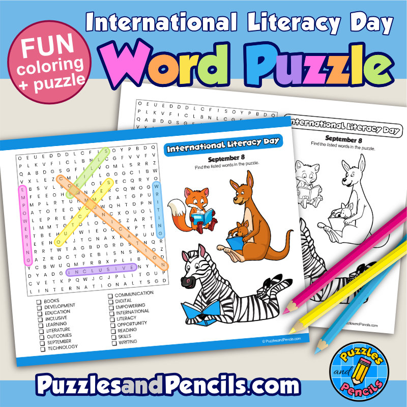 International Literacy Day Word Search Puzzle Activity and Coloring ...