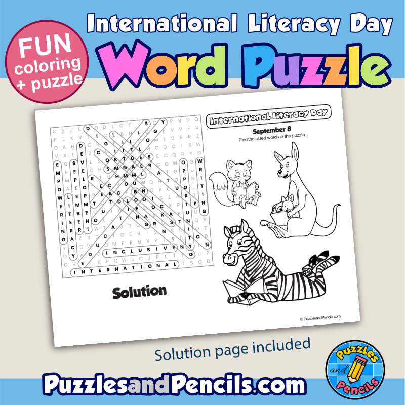 International Literacy Day Word Search Puzzle Activity and Coloring ...