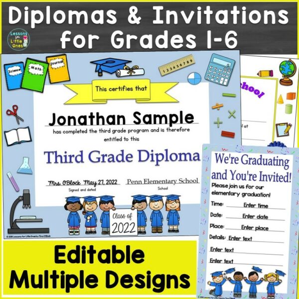 Diplomas & Graduation Invitations Editable for Grades 1-6, Elementary ...