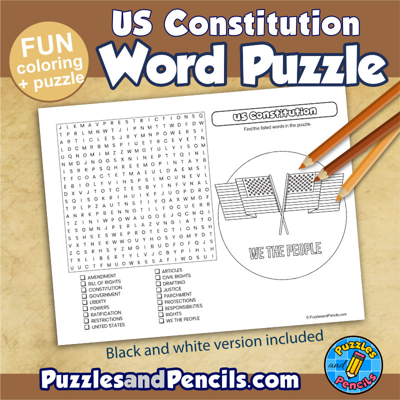 US Constitution Word Search Puzzle Activity and Coloring | Constitution ...