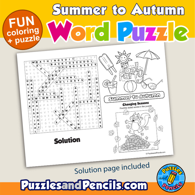 Summer to Autumn Word Search Puzzle Activity and Coloring | Changing ...