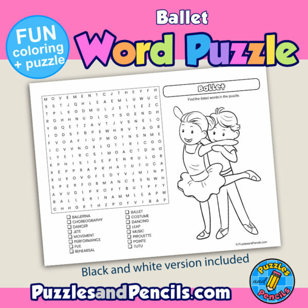 Ballet Word Search Puzzle Activity and Coloring | Wordsearch | Made By ...