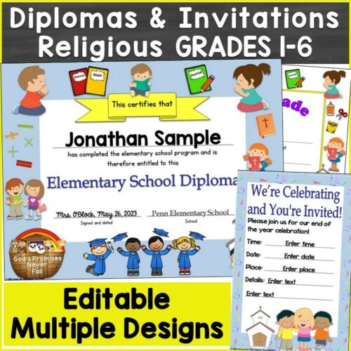 Religious Diplomas for Grades 1-6, Elementary School Editable ...