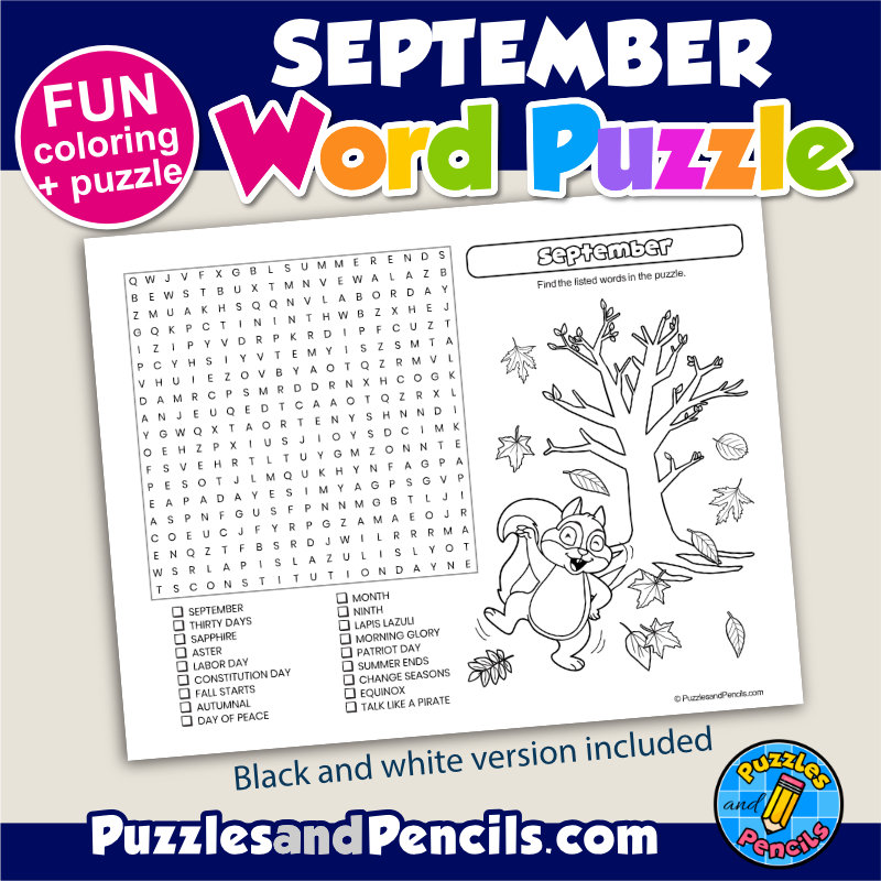 September Word Search Puzzle Activity Page and Coloring | September ...