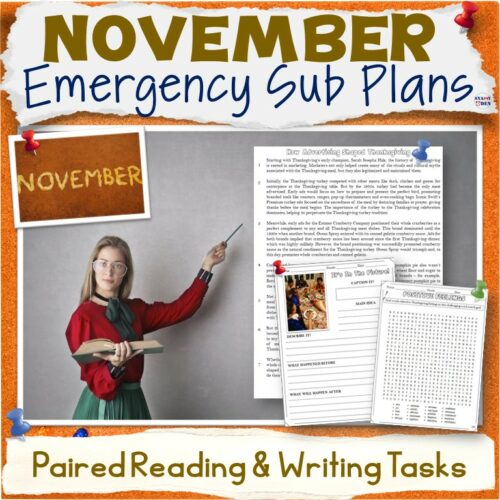 November Emergency Sub Plans Middle School ELA Mini Lessons - Print and ...