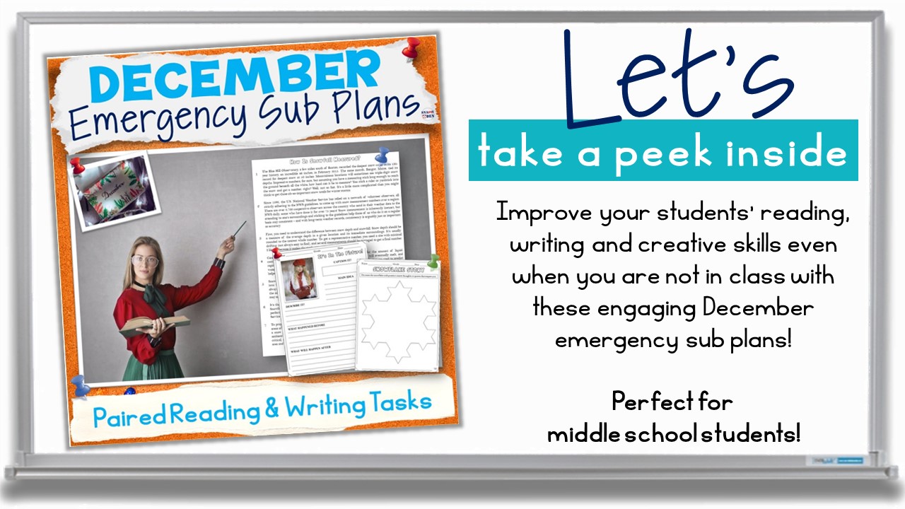 December Emergency Sub Plans Middle School ELA Mini Lessons - Print and ...