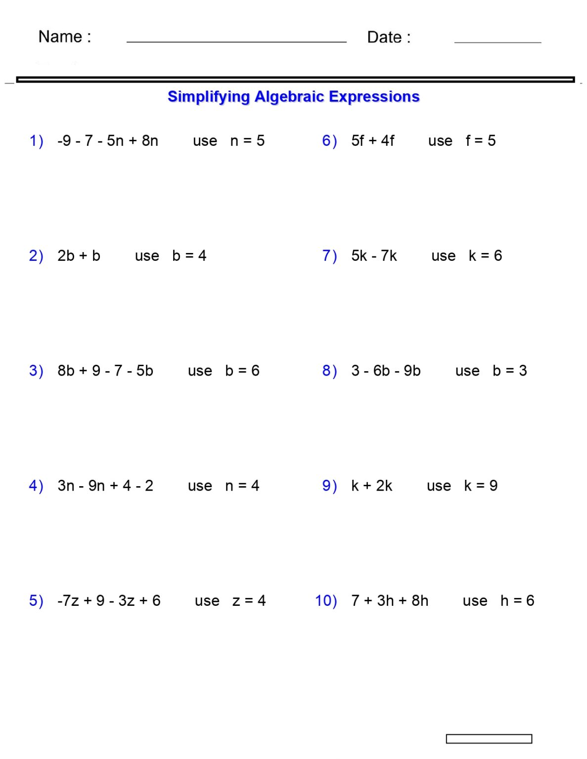 Algebraic Expressions Worksheets Evaluating One Variable Worksheets 2 Terms | Made By Teachers