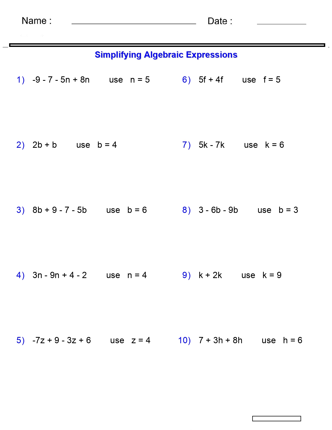 Algebraic Expressions Worksheets Evaluating One Variable Worksheets 2 ...