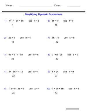 Algebraic Expressions Worksheets Evaluating One Variable Worksheets 2 ...