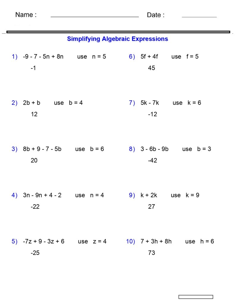 Algebraic Expressions Worksheets Evaluating One Variable Worksheets 2 ...