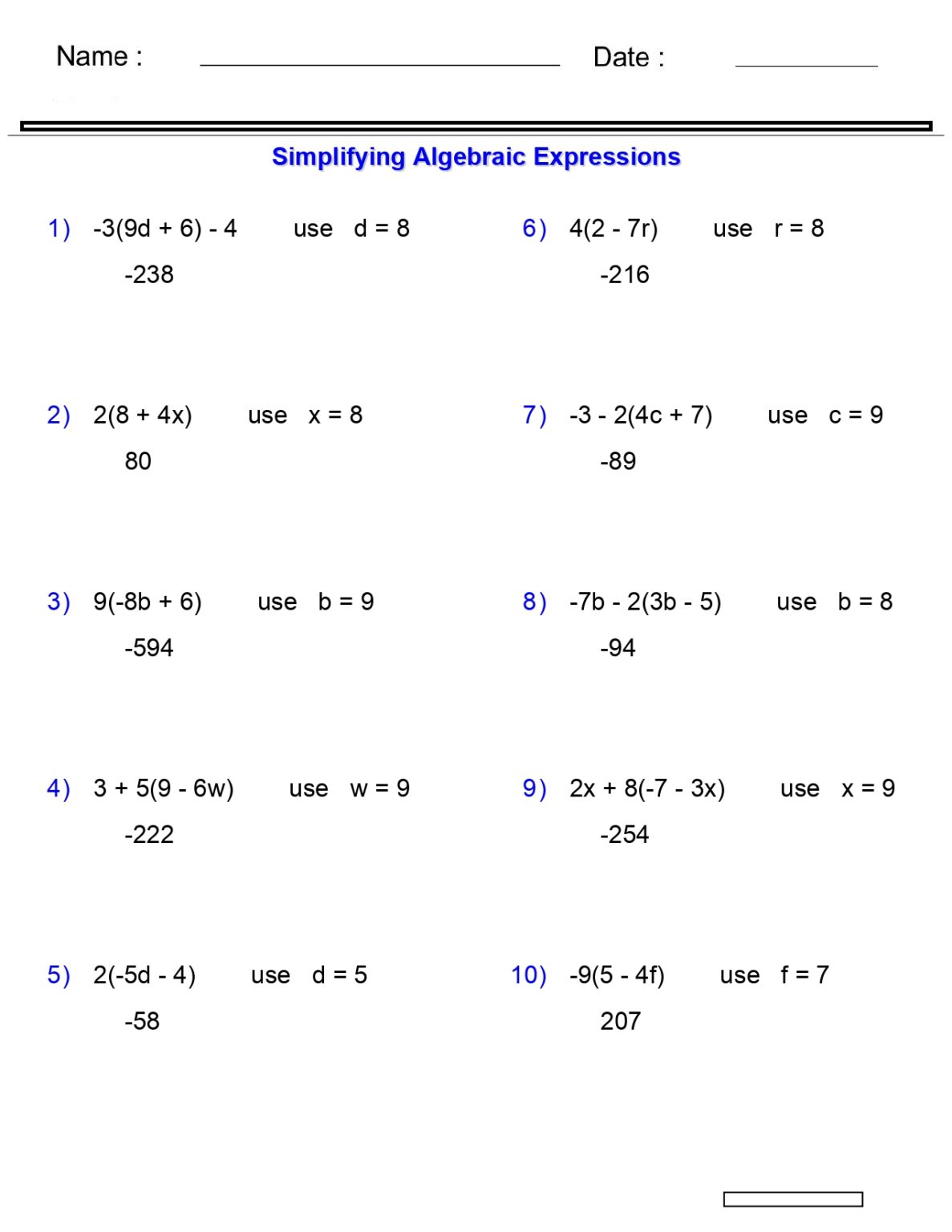 Algebraic Expressions Worksheets Evaluating One Variable Worksheets 3 ...