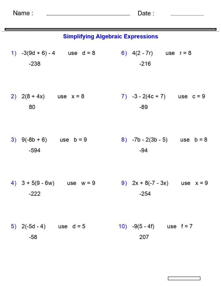 Algebraic Expressions Worksheets Evaluating One Variable Worksheets 3 ...