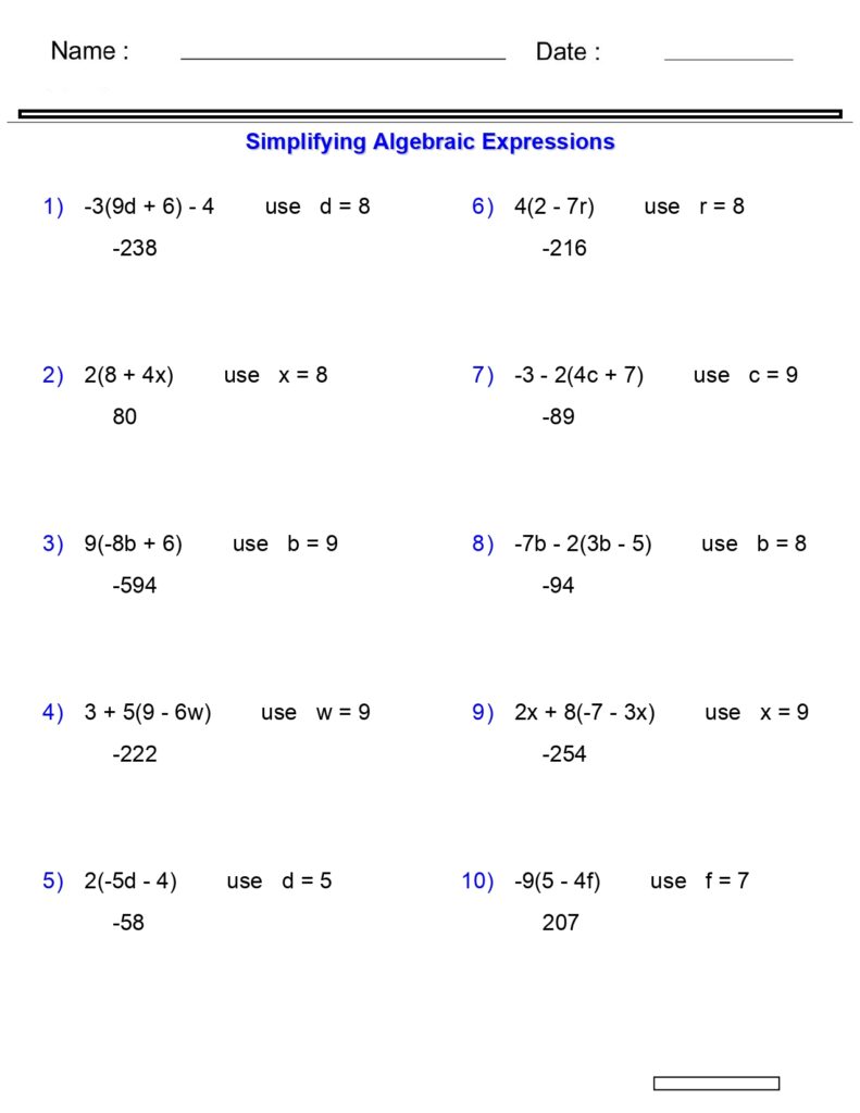 Algebraic Expressions Worksheets Evaluating One Variable Worksheets 3 ...