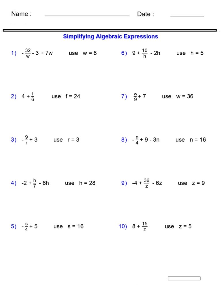 Algebraic Expressions Worksheets Evaluating One Variable Worksheets 2-3 ...