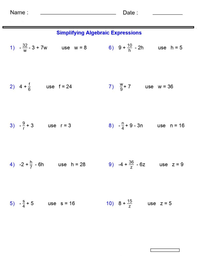 Algebraic Expressions Worksheets Evaluating One Variable Worksheets 2-3 ...