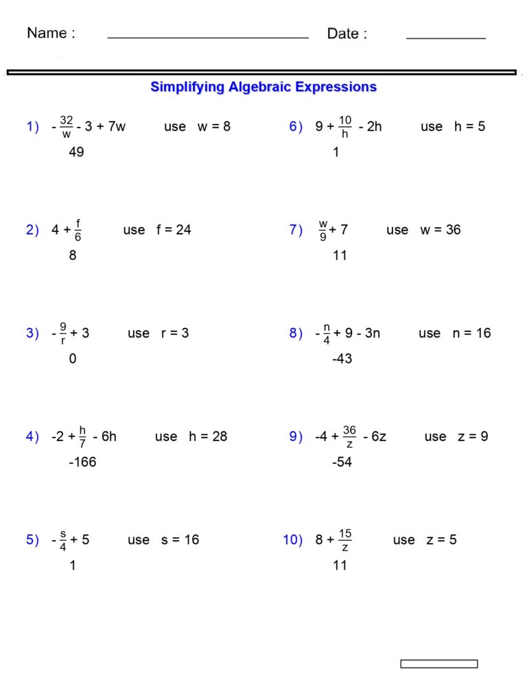 Algebraic Expressions Worksheets Evaluating One Variable Worksheets 2-3 ...