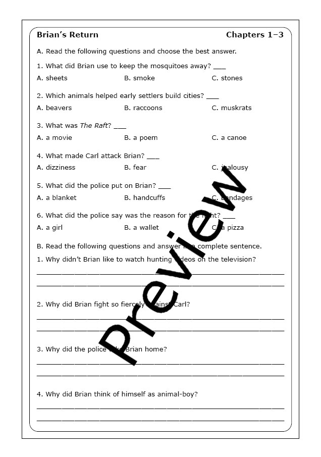 Gary Paulsen "Brian's Return" worksheets | Made By Teachers