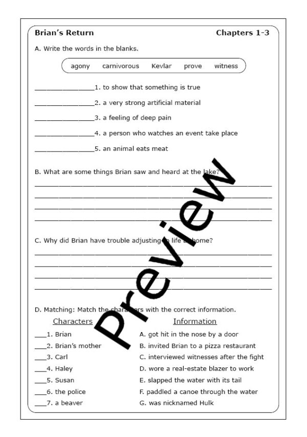 Gary Paulsen "Brian's Return" worksheets | Made By Teachers