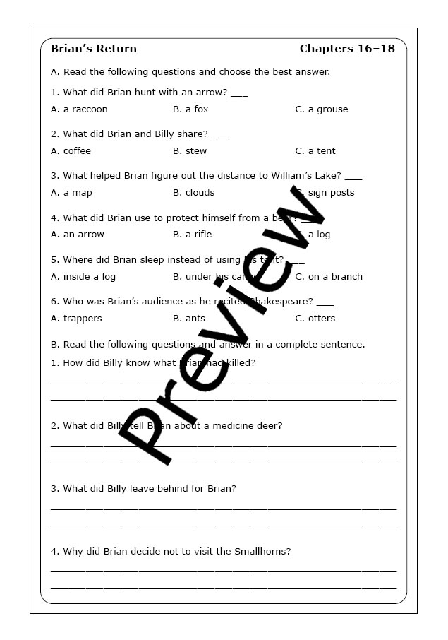 Gary Paulsen "Brian's Return" worksheets | Made By Teachers