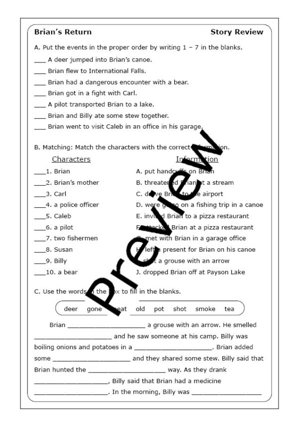 Gary Paulsen "Brian's Return" worksheets | Made By Teachers