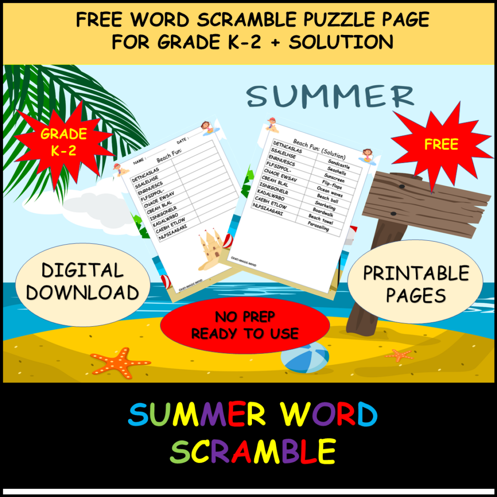 FREE Summer Word Scramble Puzzle printable end of the year activity for ...