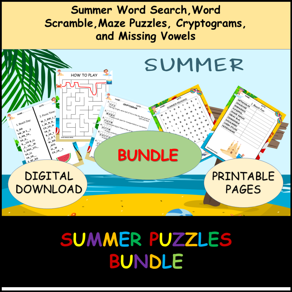 End of the year activities Summer Puzzles bundle Word Search Scramble ...