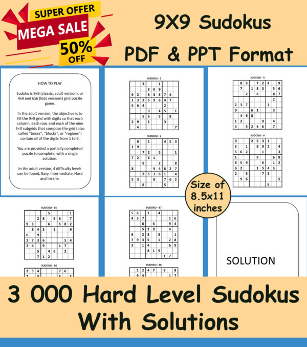 3000 Hard Level Sudoku Puzzles With Solutions For Adults | Made By Teachers