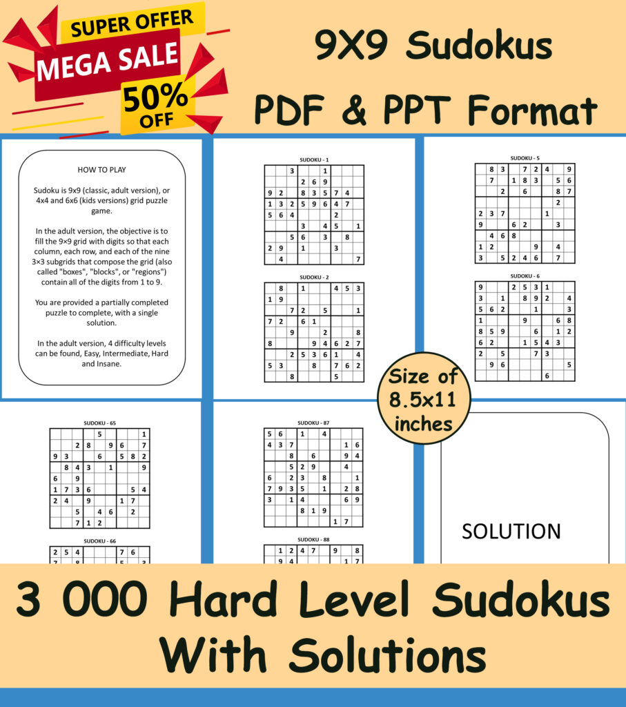 3000 Hard Level Sudoku Puzzles With Solutions For Adults | Made By Teachers