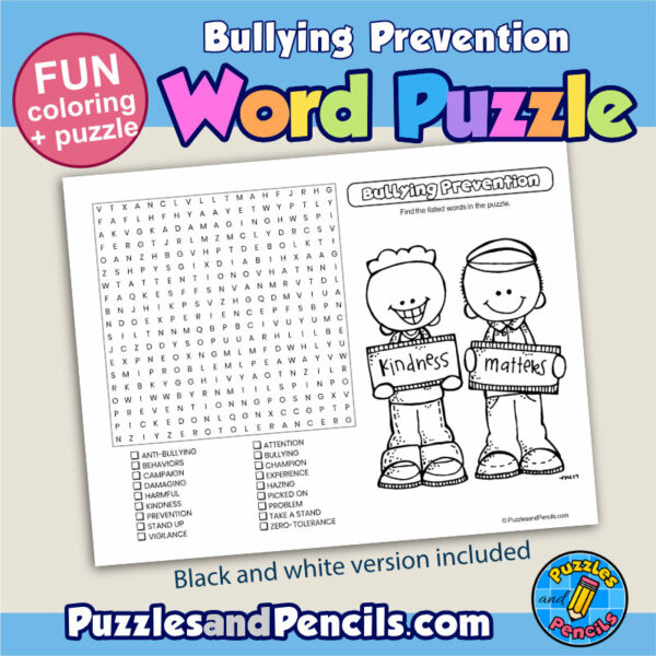 Bullying Prevention Word Search Puzzle Activity and Coloring ...